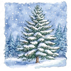 7 Watercolor Snow-covered Winter Tree Clipart, Festive Winter Clipart ...