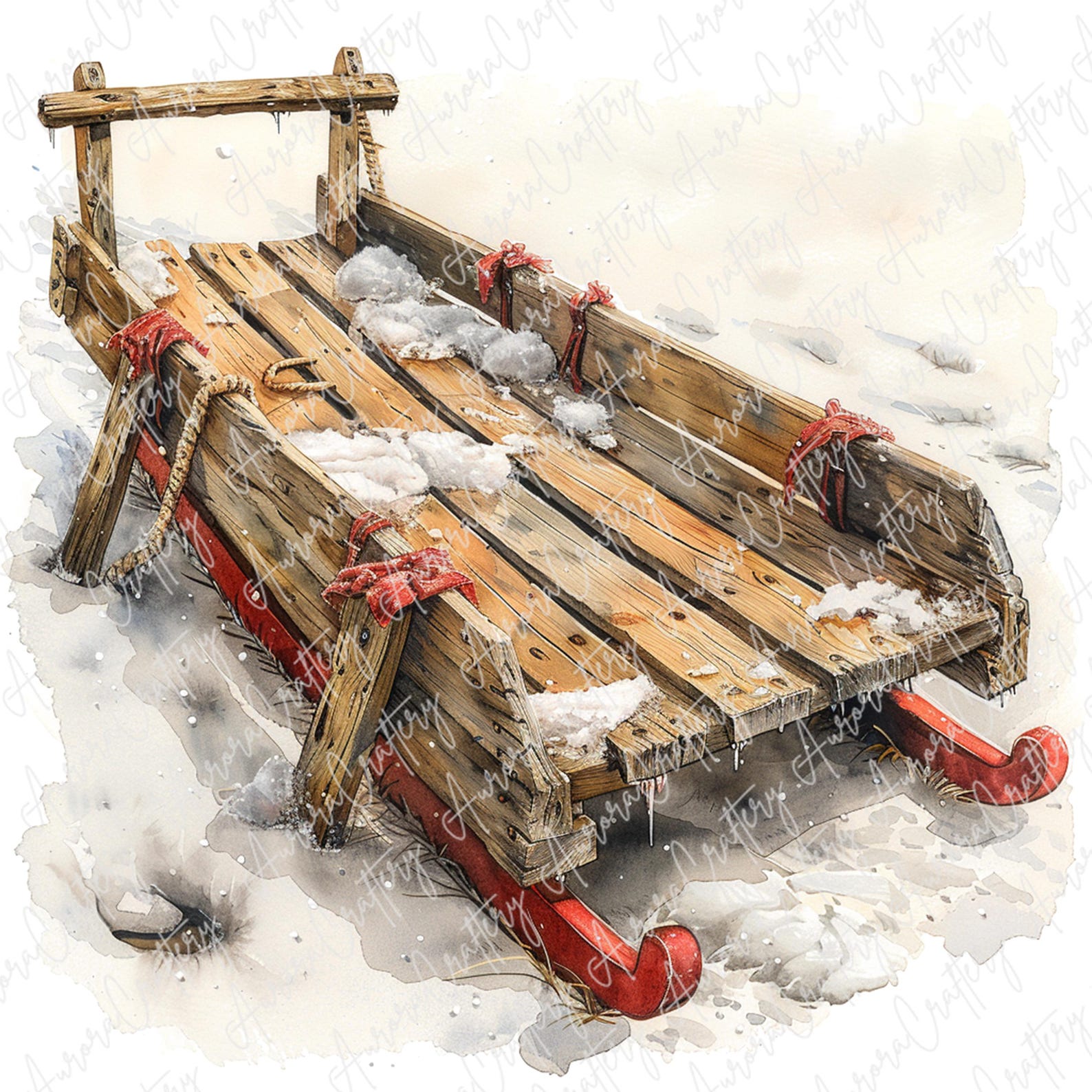 6 Watercolor Wooden Sled Clipart, Rustic Vintage Snow Sleigh in Forest ...
