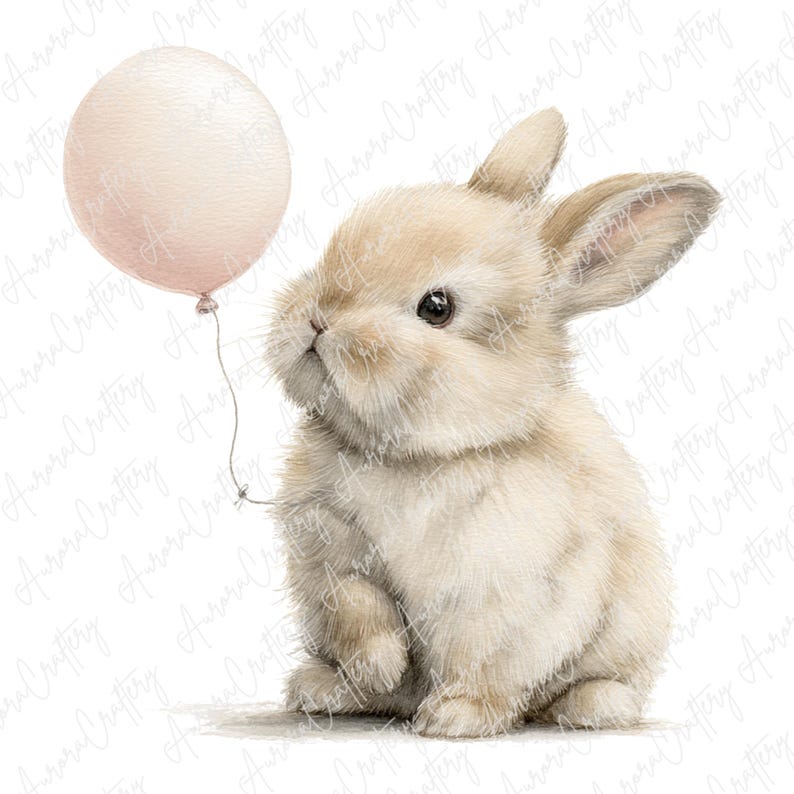 6 Watercolor Bunny With Balloon Clipart, Cute Baby Rabbit Illustrations ...