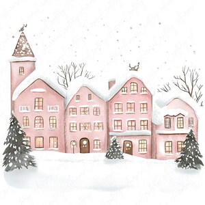 8 Watercolor Festive Village Clipart, Pink Snowy House Clipart, Winter ...
