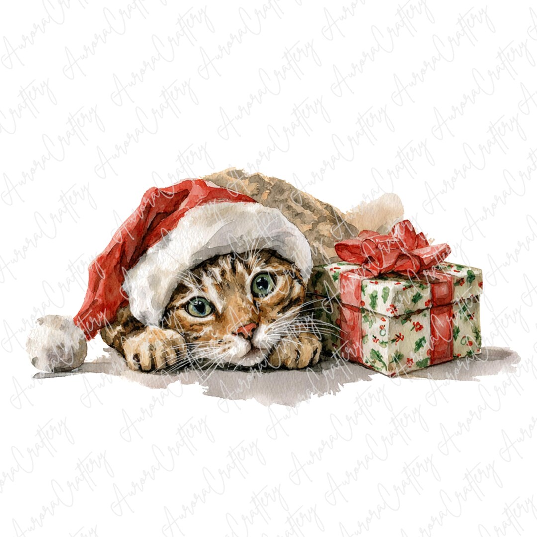 4 Watercolor Festive Cat Clipart, Cats With Santa Hats and Gift Boxes ...