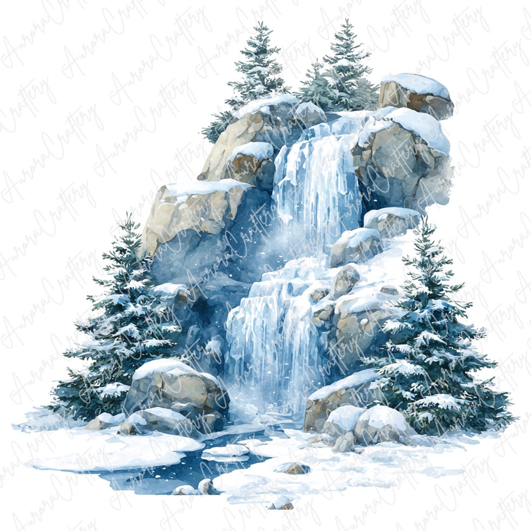 8 Watercolor Frozen Waterfall Clipart, Snowy Mountain Scene With Pines ...