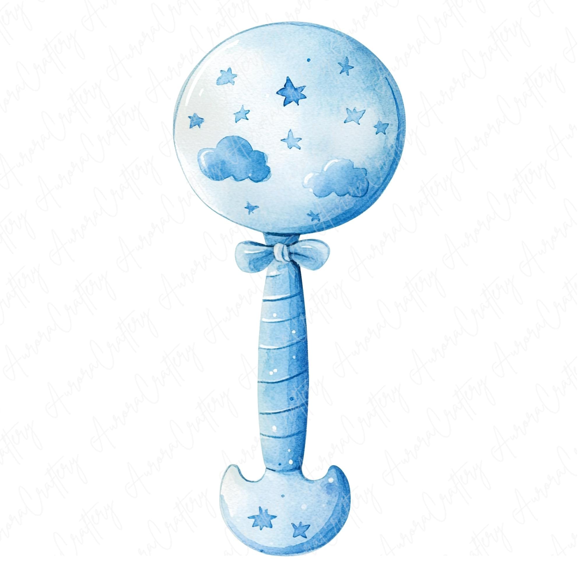 8 Blue Baby Rattle Clipart Set – Watercolor Baby Boy Rattles With Stars ...