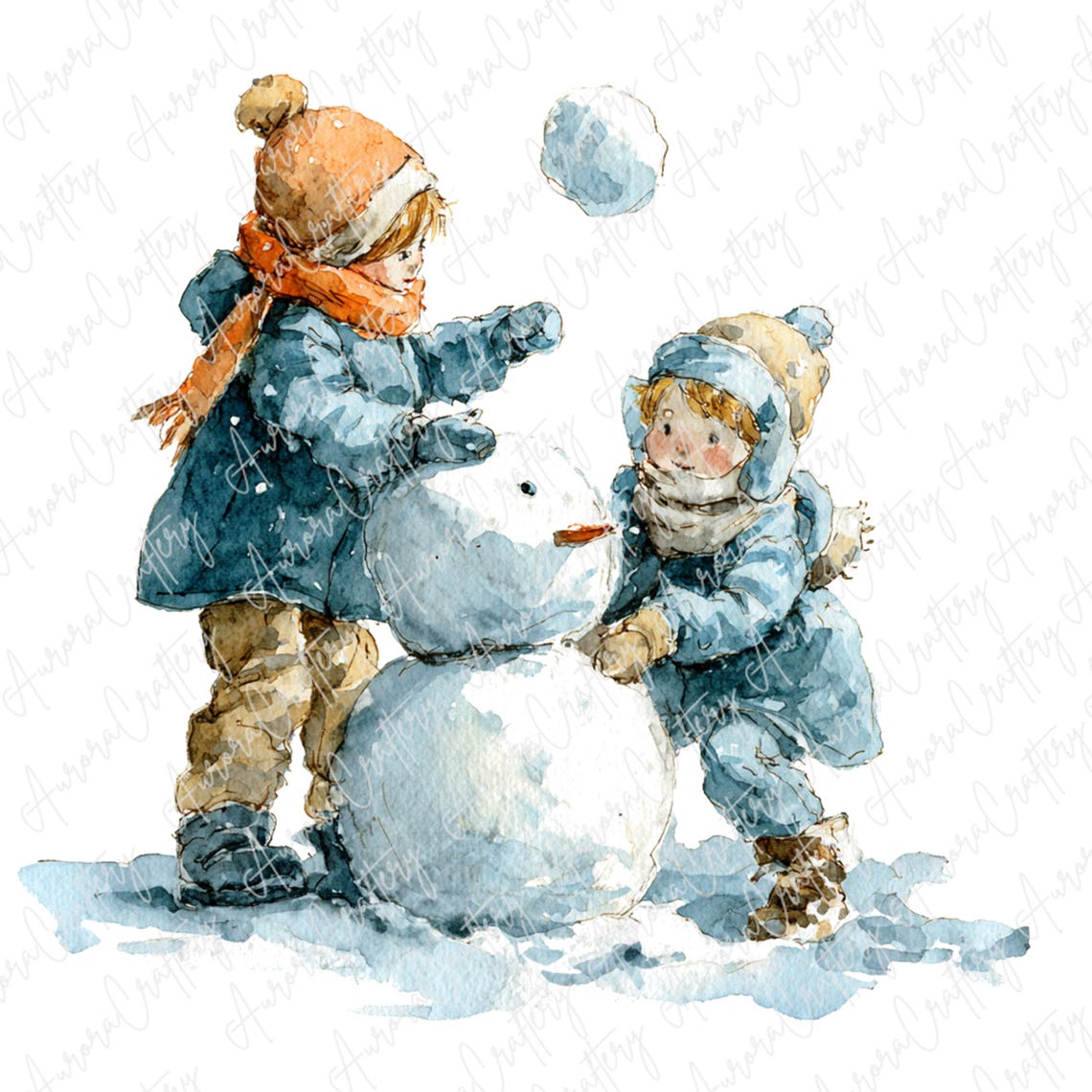 8 Watercolor Building Snowman Clipart , Kids in Winter Clothes JPG ...