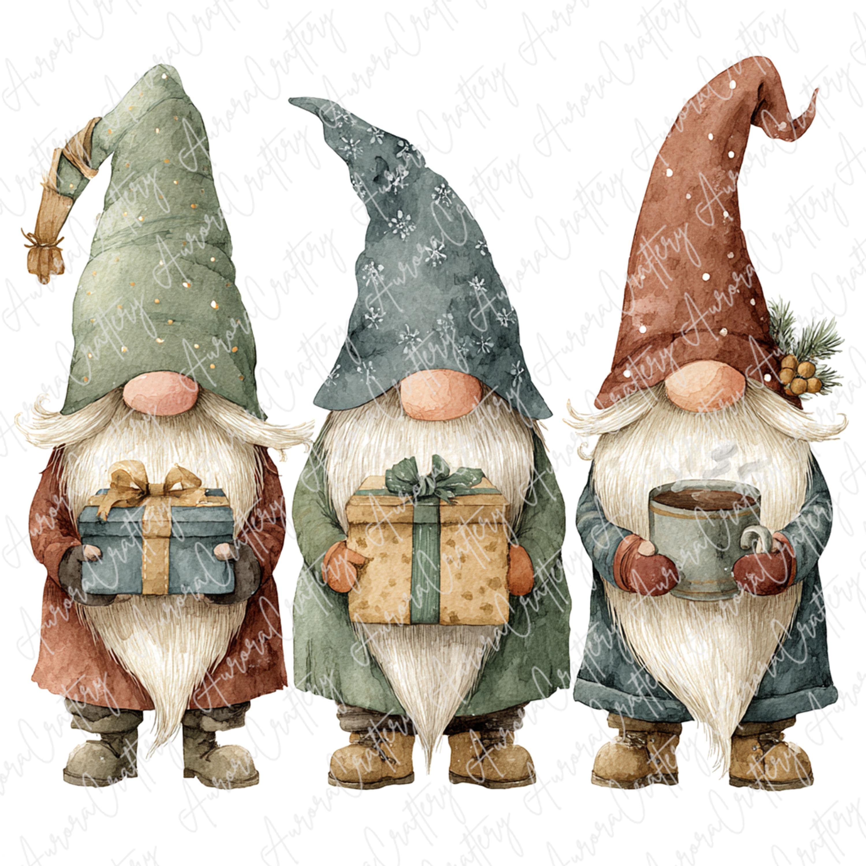 7 Watercolor Winter Gnomes Clipart Set, Festive Gnomes With Gifts JPG ...