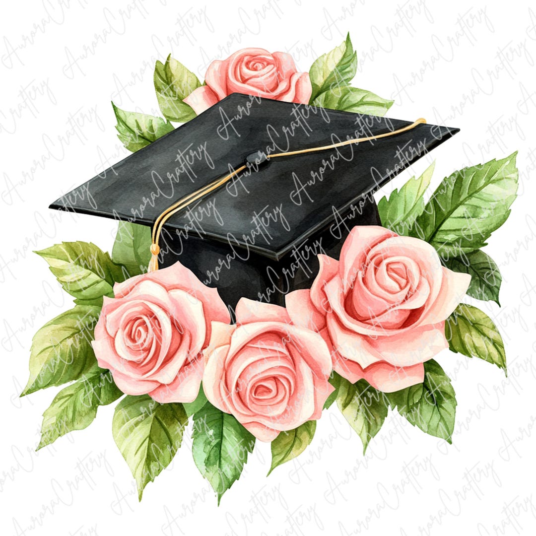 6 Graduation Cap With Pink Flower Clipart, Floral Grad Hats With Roses ...