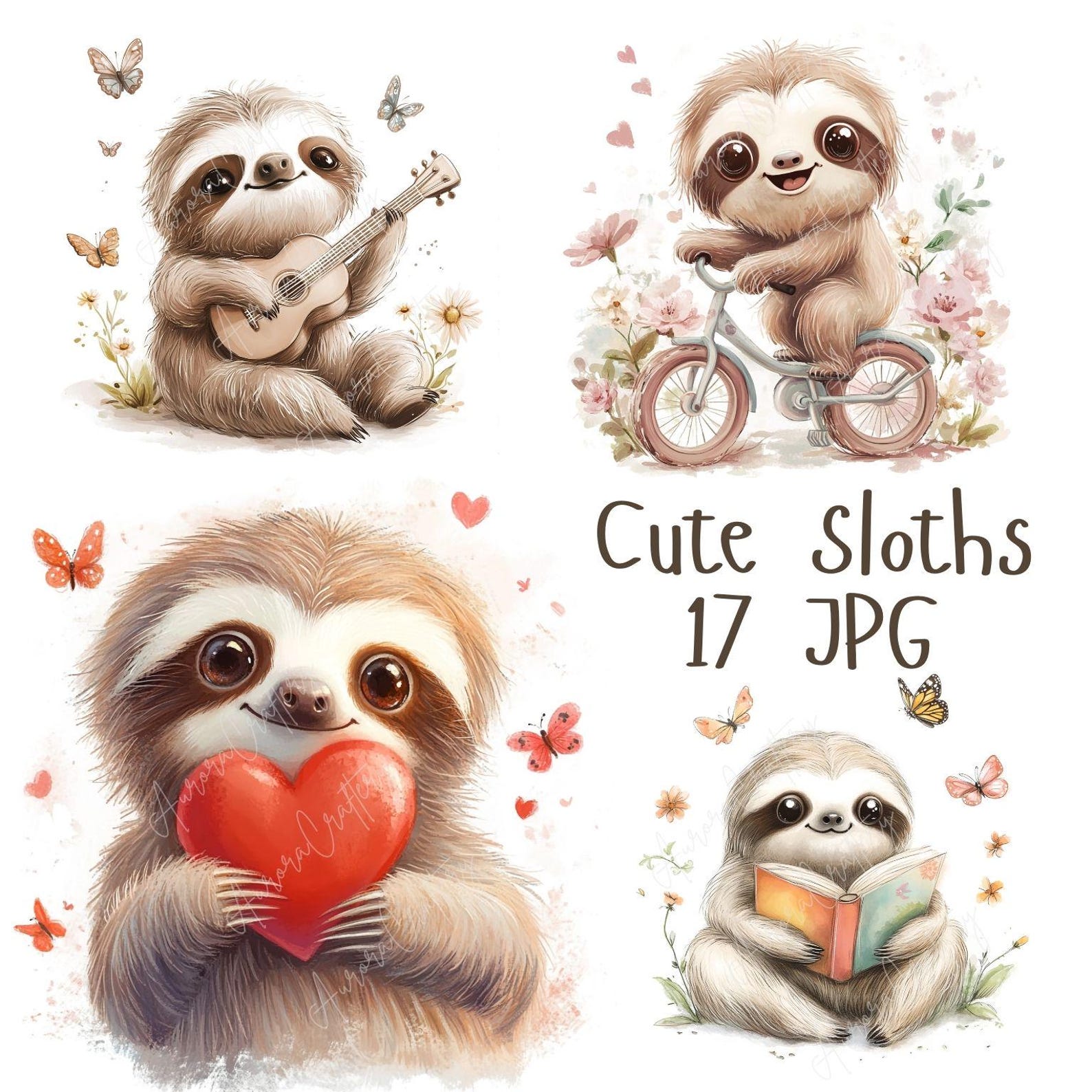 17 Cute Baby Sloth Clipart | Cute Sloths With Hearts, Butterflies ...