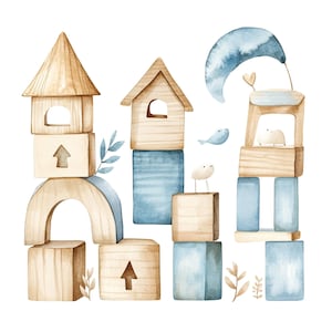 15 Baby Building Blocks Watercolor Clipart, Blue and Wooden Blocks ...