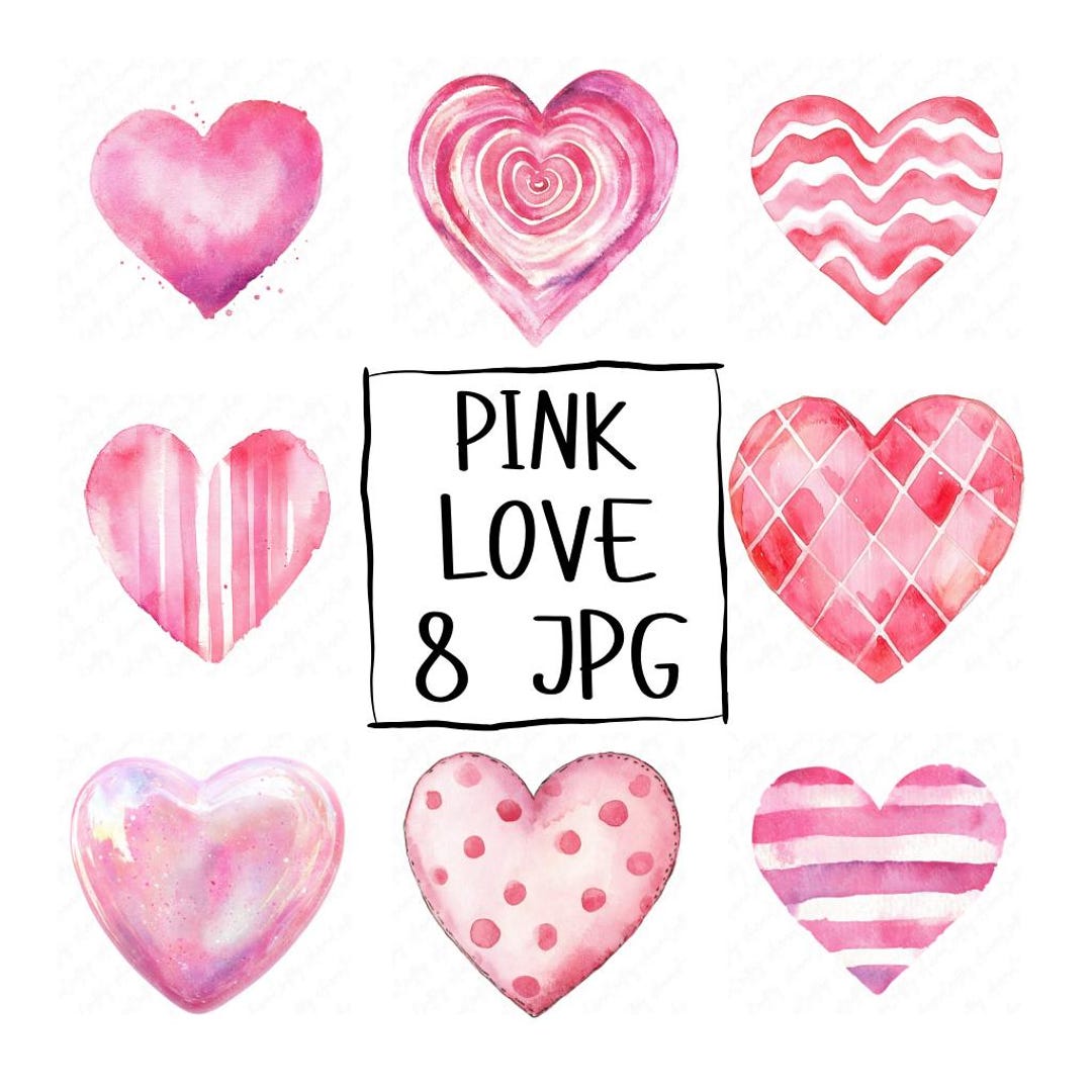 8 Watercolor Pink Love Hearts Clipart, Love Clipart, Cute Pinks Heart ...
