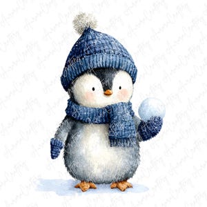 6 Watercolor Penguin Clipart, Cute Penguins With Snowballs in Blue Hats ...