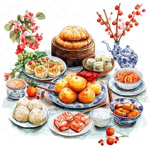 8 Chinese New Year Feast Clipart, Festive Traditional Dishes, Lunar New ...