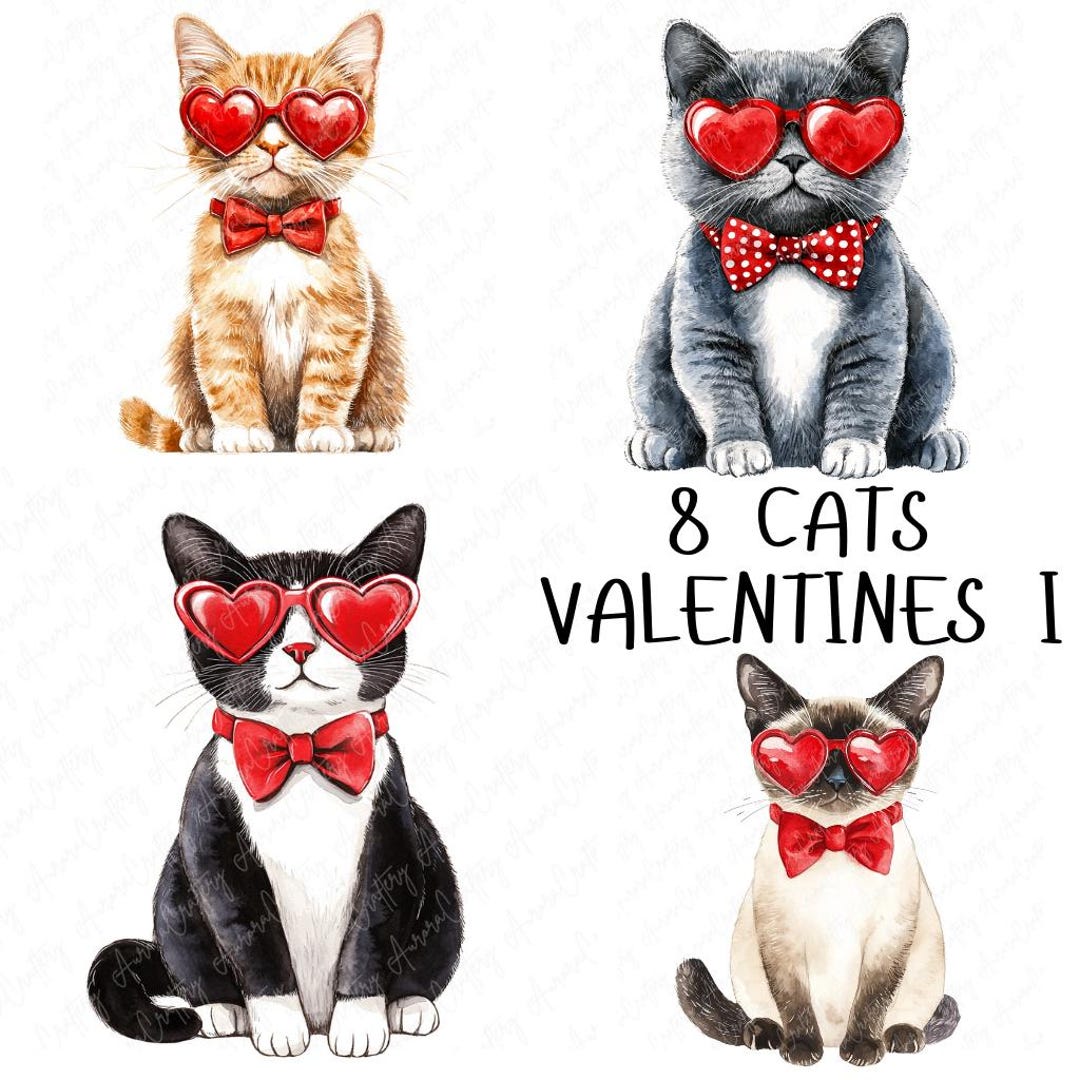 8 Watercolor Valentine Cats Clipart, Cute Cats, Quirky Cats, Animal ...