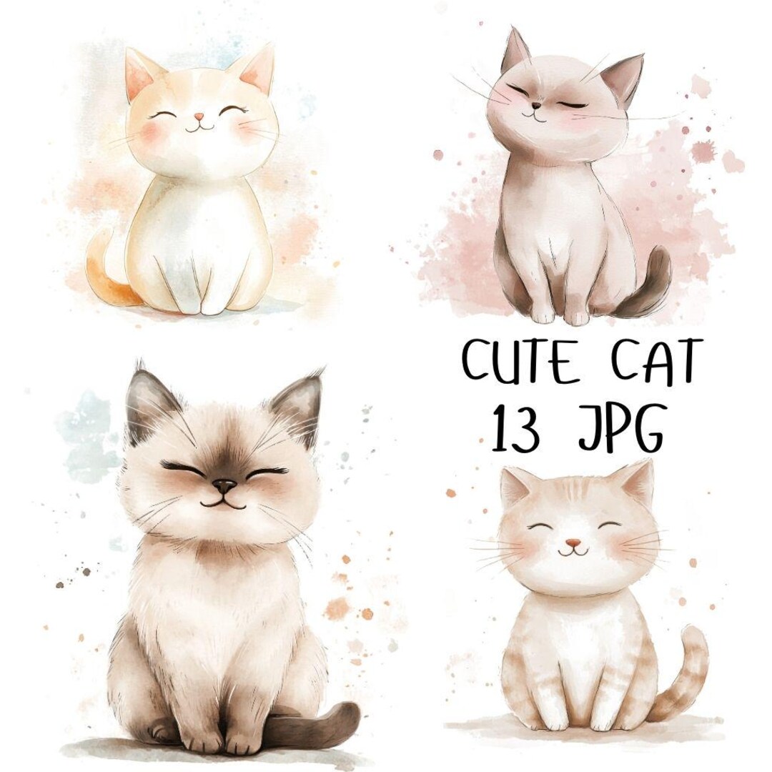 13 Watercolor Cute Cat Clipart, Whimsical Cat, Cute Kitten Clipart for ...