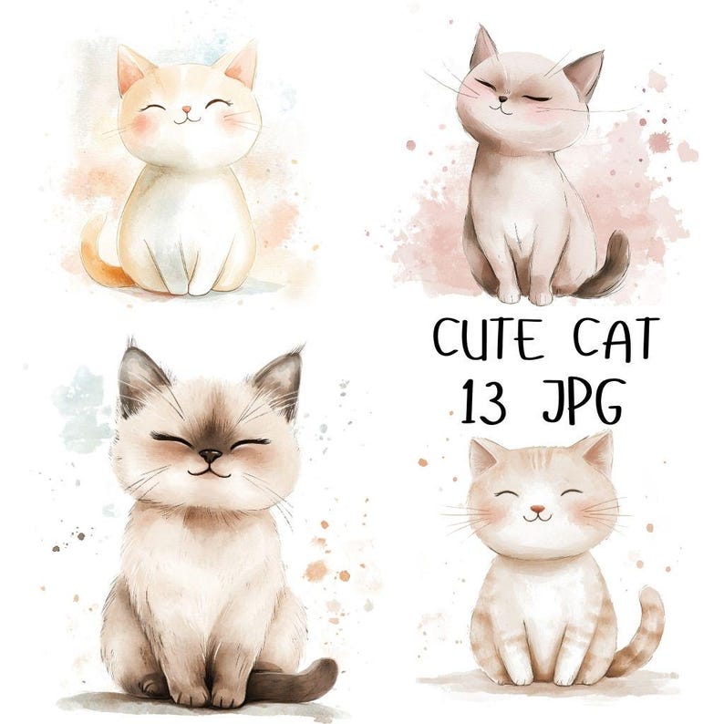 13 Watercolor Cute Cat Clipart, Whimsical Cat, Cute Kitten Clipart for ...