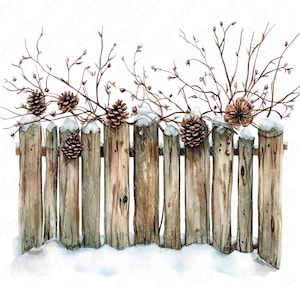 8 Watercolor Winter Fence Clipart, Rustic Wooden Fences With Pinecones ...