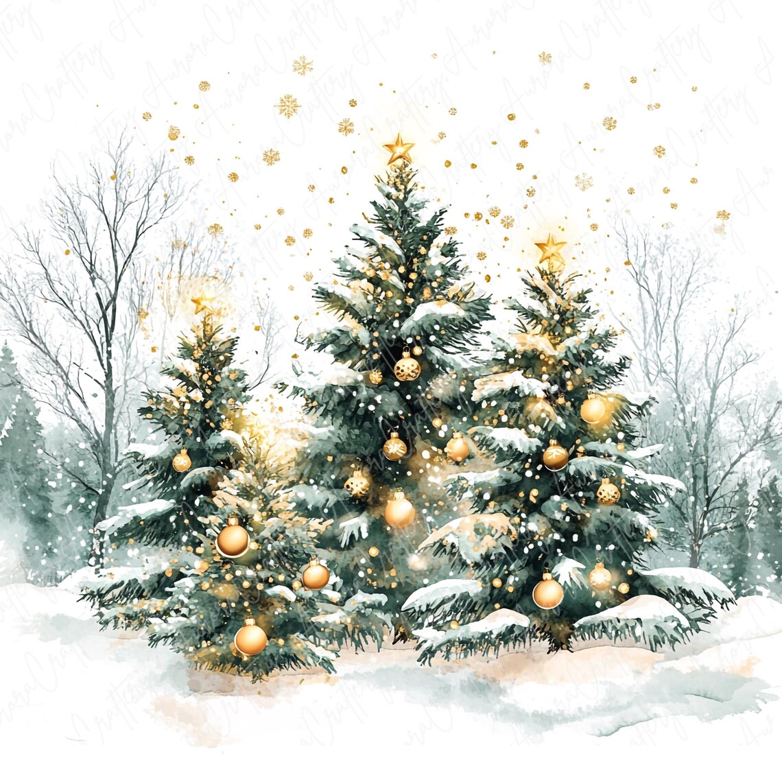 7 Watercolor Snowy Pine Trees Clipart, Winter Trees Clipart, Festive ...