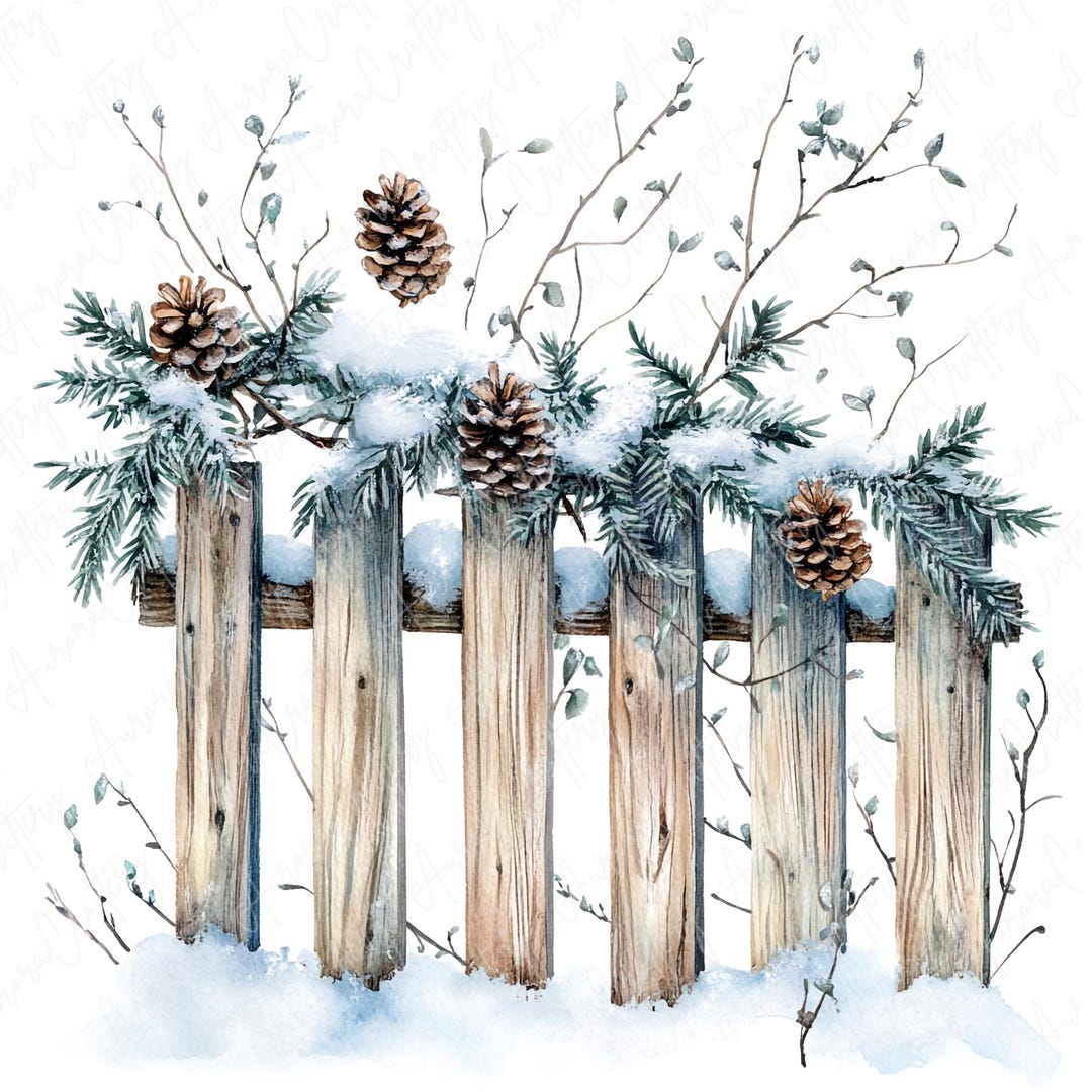 8 Watercolor Winter Fence Clipart, Rustic Wooden Fences With Pinecones ...