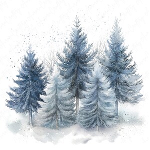 8 Winter Tree Clipart, Snowy Pine Tree, Snow on Trees Landscape, Blue ...