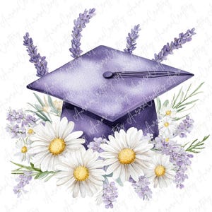 4 Watercolor Floral Graduation Cap Clipart, Purple Grad Hat With ...
