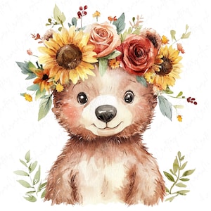 5 Watercolor Floral Bear Clipart, Cute Bears With Flower Crowns ...