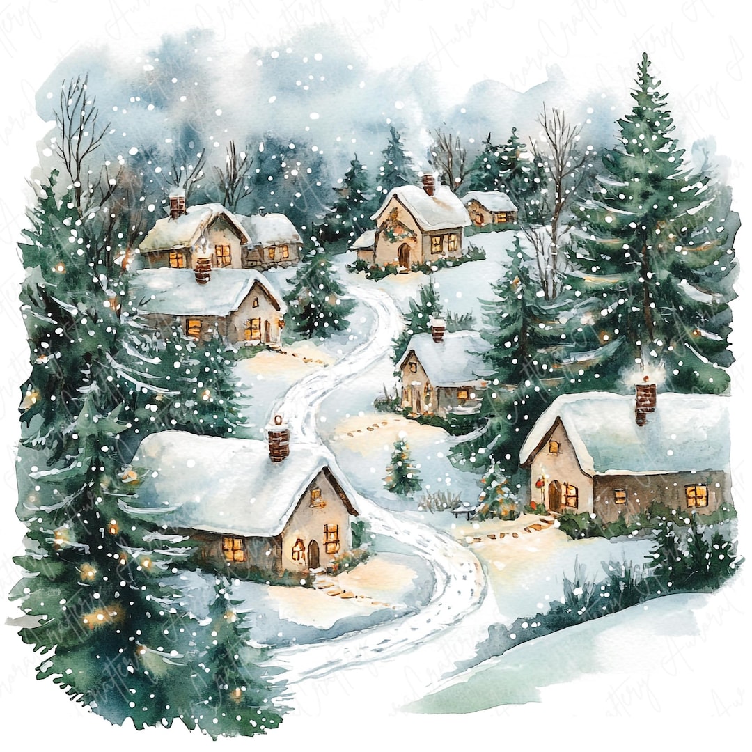 10 Watercolor Winter Village Clipart | Snowy House, Cozy Street, Trees ...