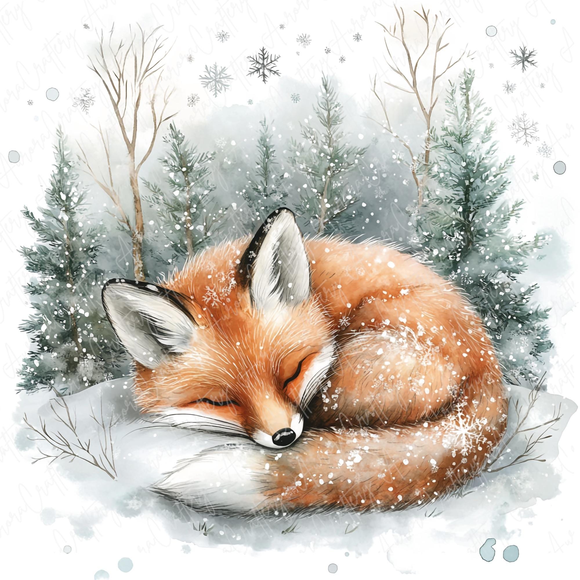6 Watercolor Sleeping Fox Winter Clipart, Woodland Animal Clipart ...