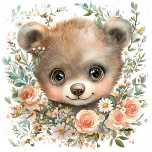 6 Watercolor Floral Bear Clipart, Cute Bear With Flower Wreaths ...