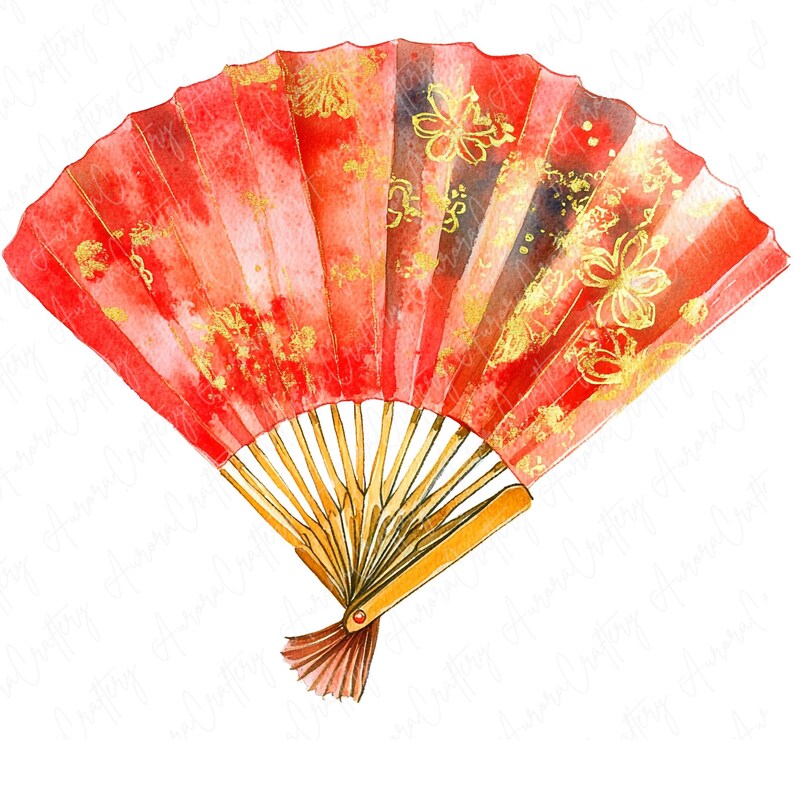 7 Golden Fan Clipart, Oriental Watercolor Fan, Chinese New Year Clipart ...