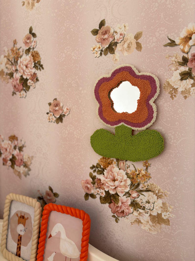 Punch Needle Mirror, Punch Needle Modern Flower Mirror, Tufted Flower ...