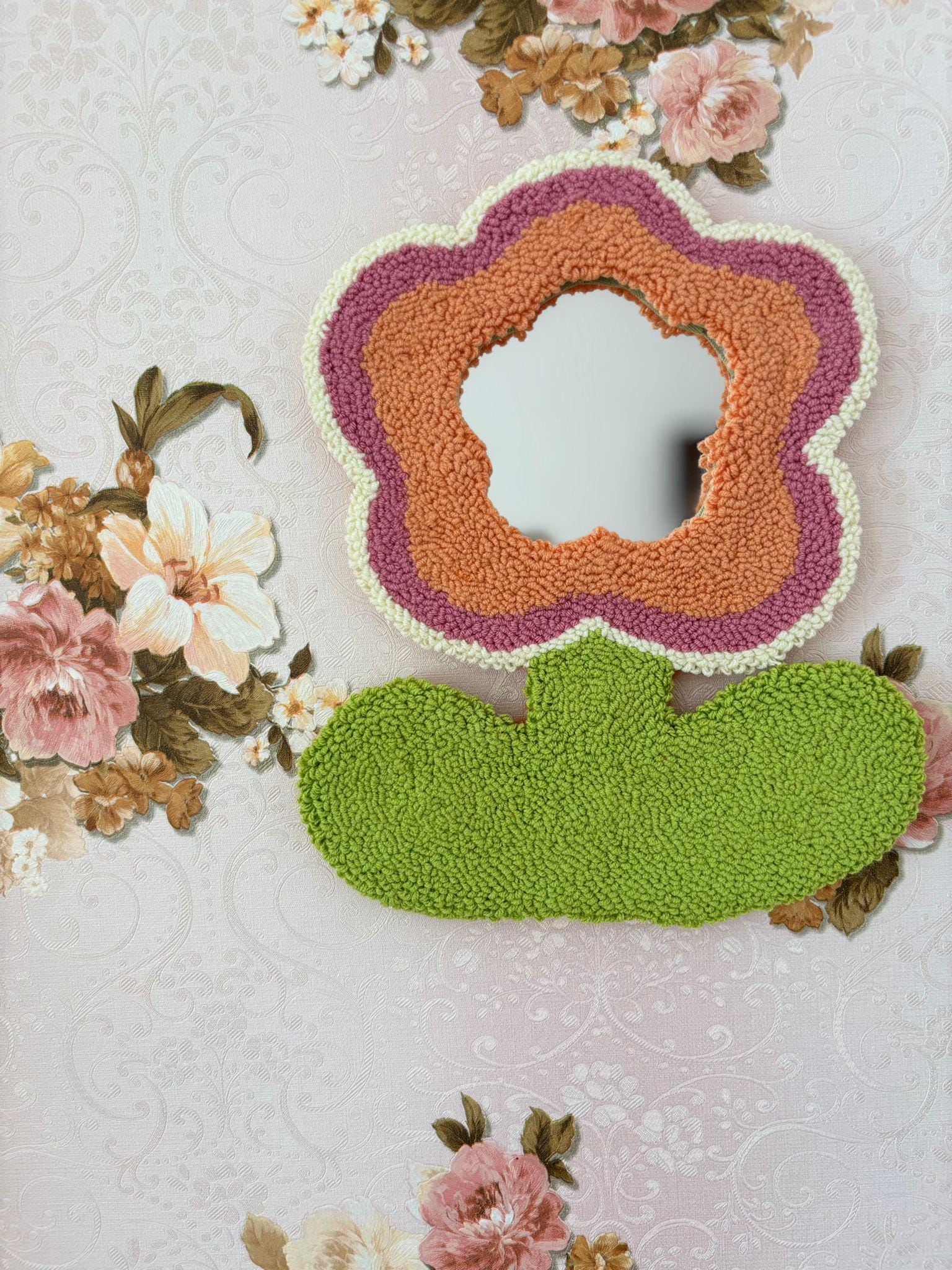 Punch Needle Mirror, Punch Needle Modern Flower Mirror, Tufted Flower ...