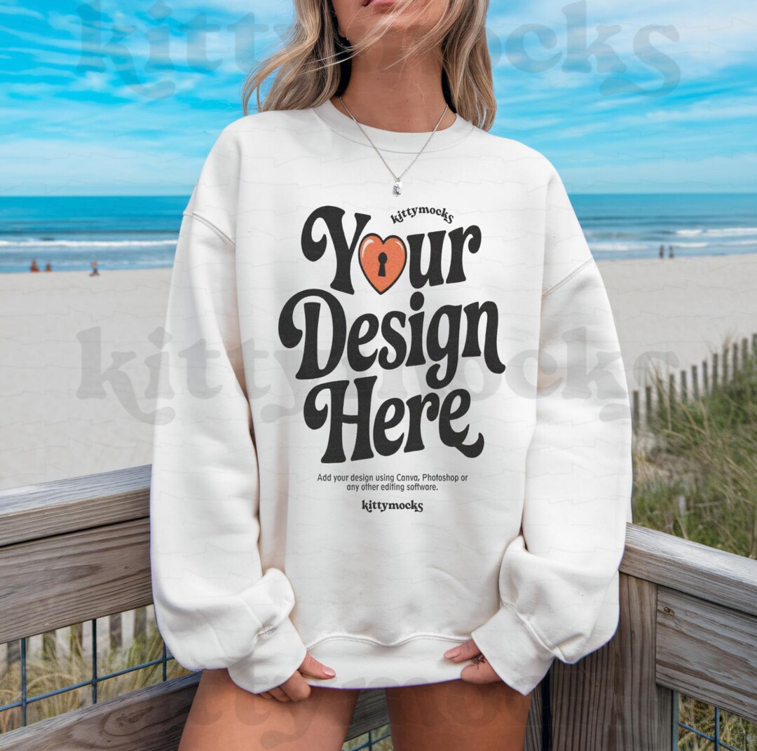 Gildan White 18000 Mockup | Beach Mockup Gildan 18000 White | 18000 ...