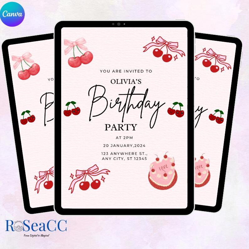 Editable Sweet Cherry Birthday Invitation for Girls | 5x7” Print ...