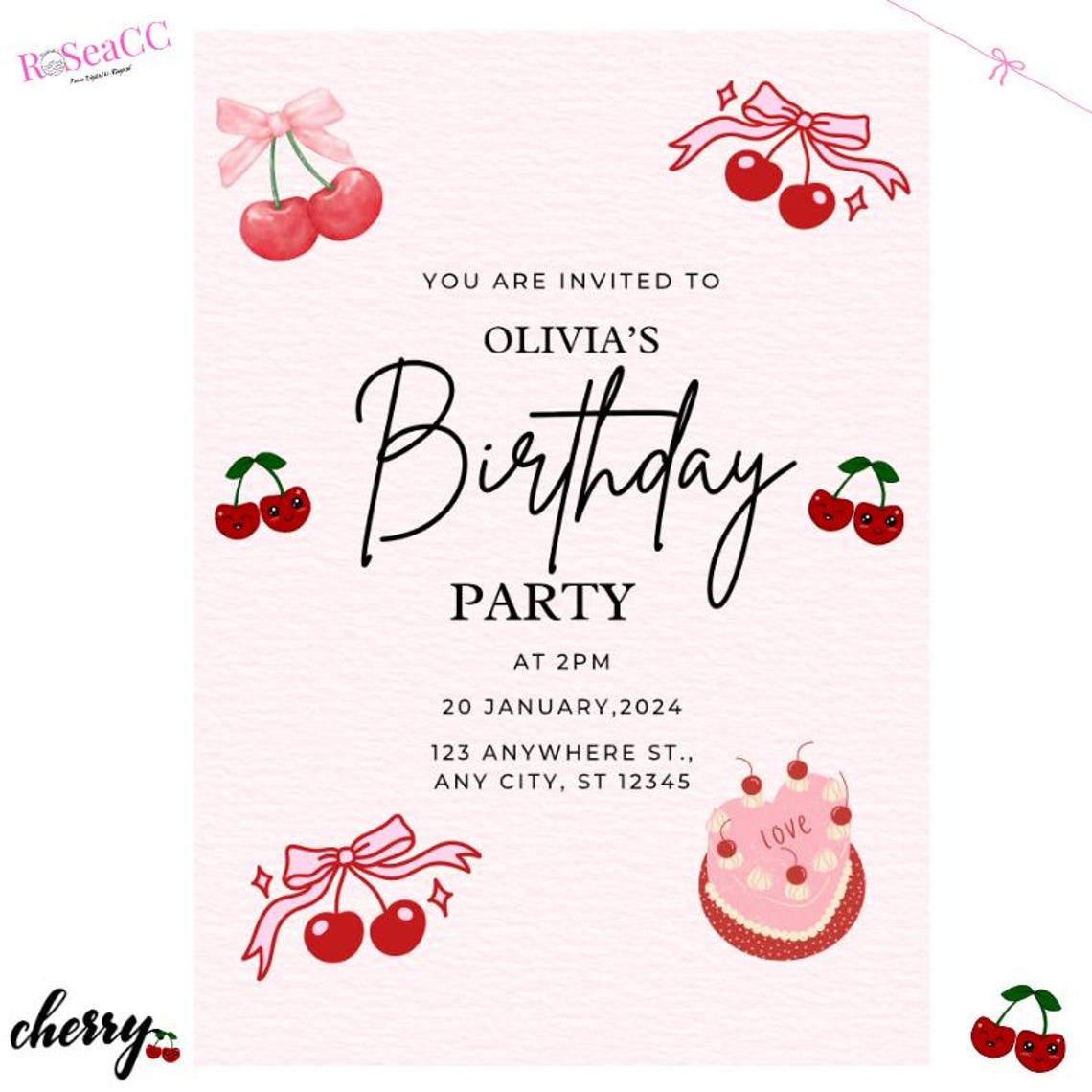 Editable Sweet Cherry Birthday Invitation for Girls | 5x7” Print ...