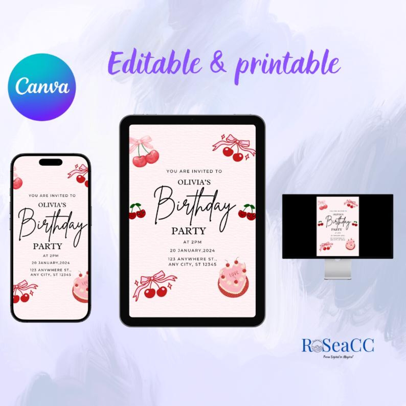 Editable Sweet Cherry Birthday Invitation for Girls | 5x7” Print ...