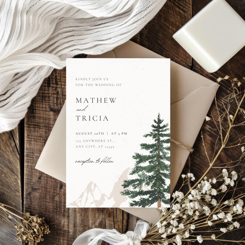 Rustic Pine Tree Wedding Invitation: Mountain Forest Template - Etsy