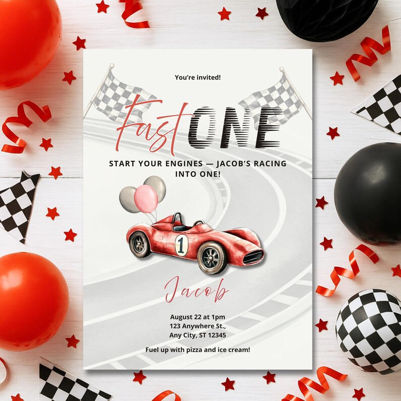 Fast ONE Birthday Invitation - Race Car Theme, Editable Canva Template ...