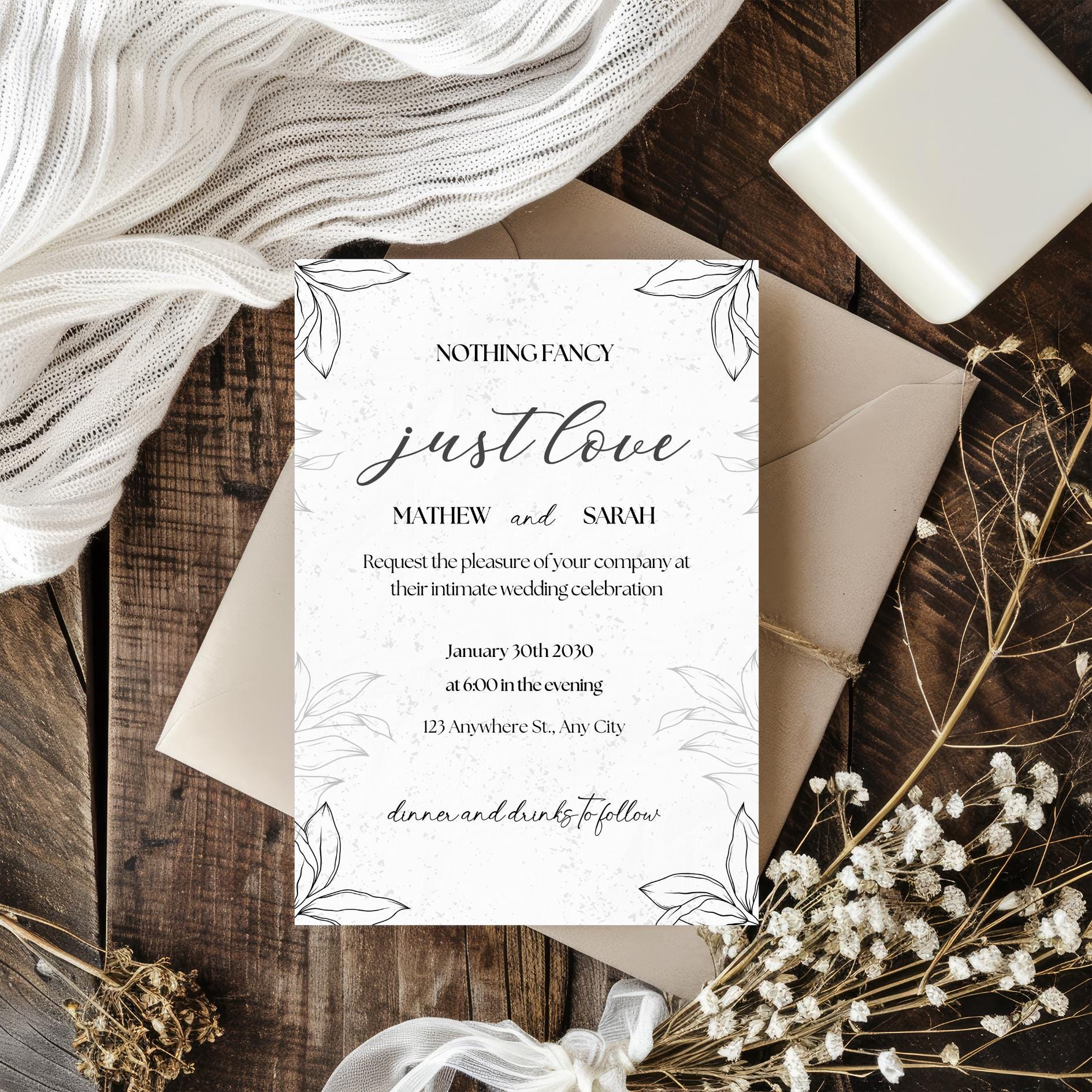 Minimalist Floral Wedding Invitation Template | Elegant Intimate ...