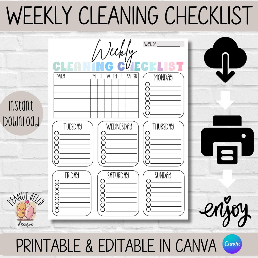Cleaning Checklist, Weekly Cleaning Tracker, Editable Cleaning ...