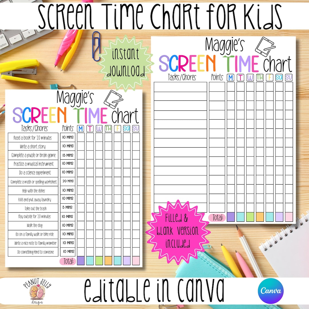 Editable Kids Screen Time Chart: Rewards & Chores (PDF Download) - Etsy