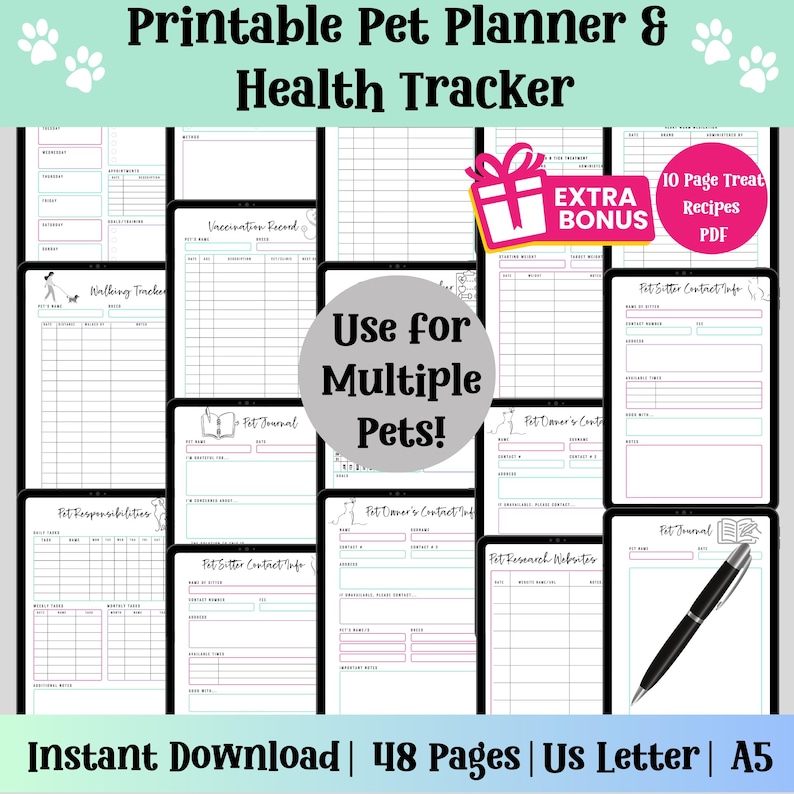 Printable Pet Health Tracker: 48-page Pet Planner (PDF) - Etsy