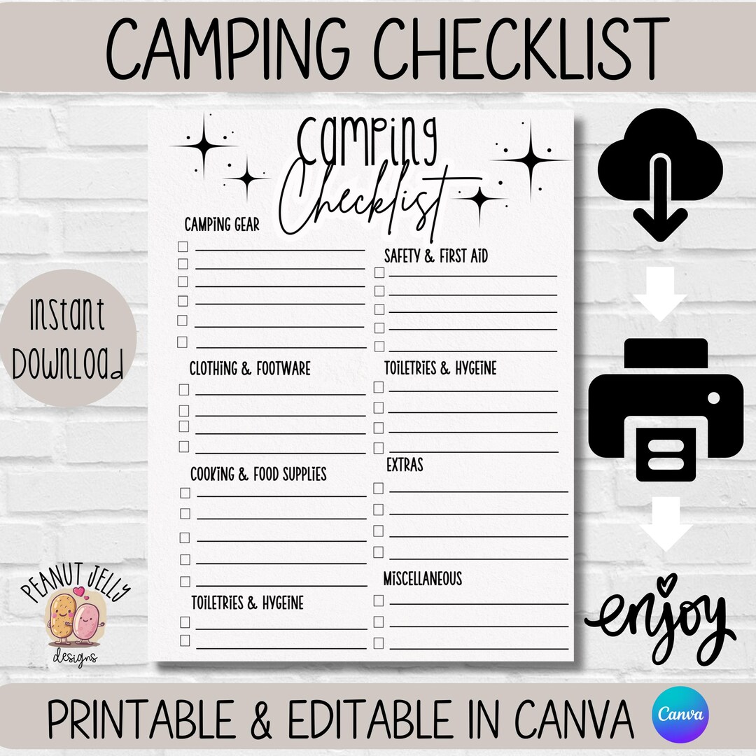 Camping Checklist, Editable Simple To-do List Printable,minimalist ...