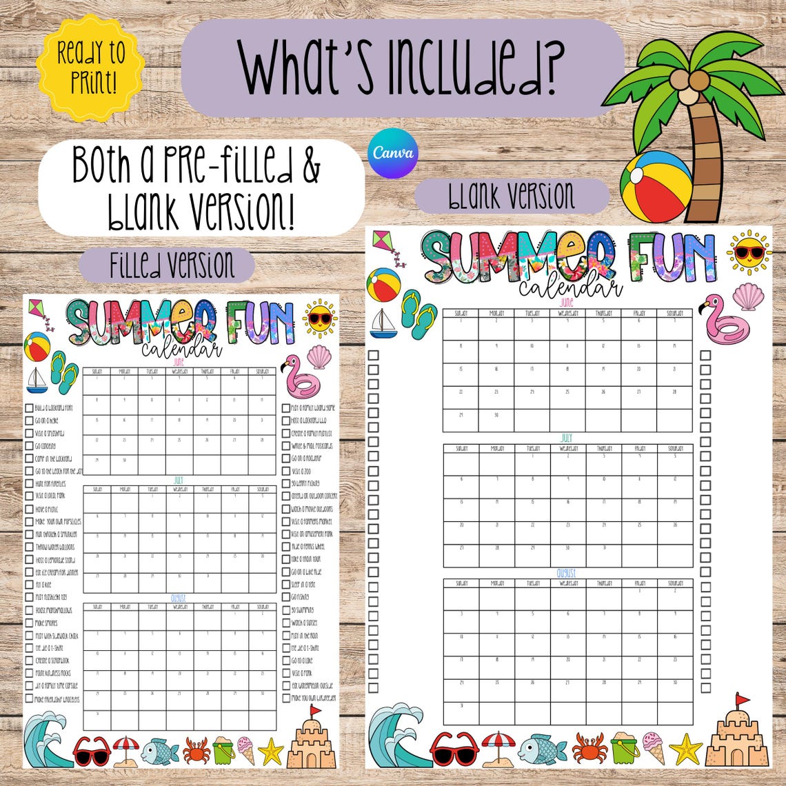 Summer Fun Calendar: Kids Bucket List, Editable in Canva (digital ...