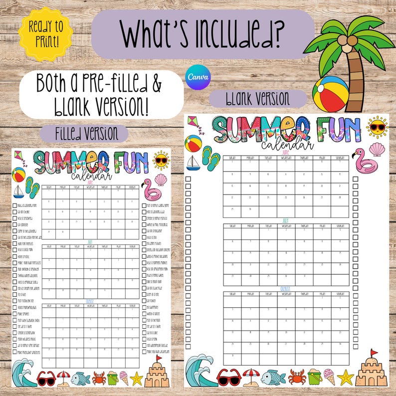 Summer Fun Calendar: Kids Bucket List, Editable in Canva (digital ...