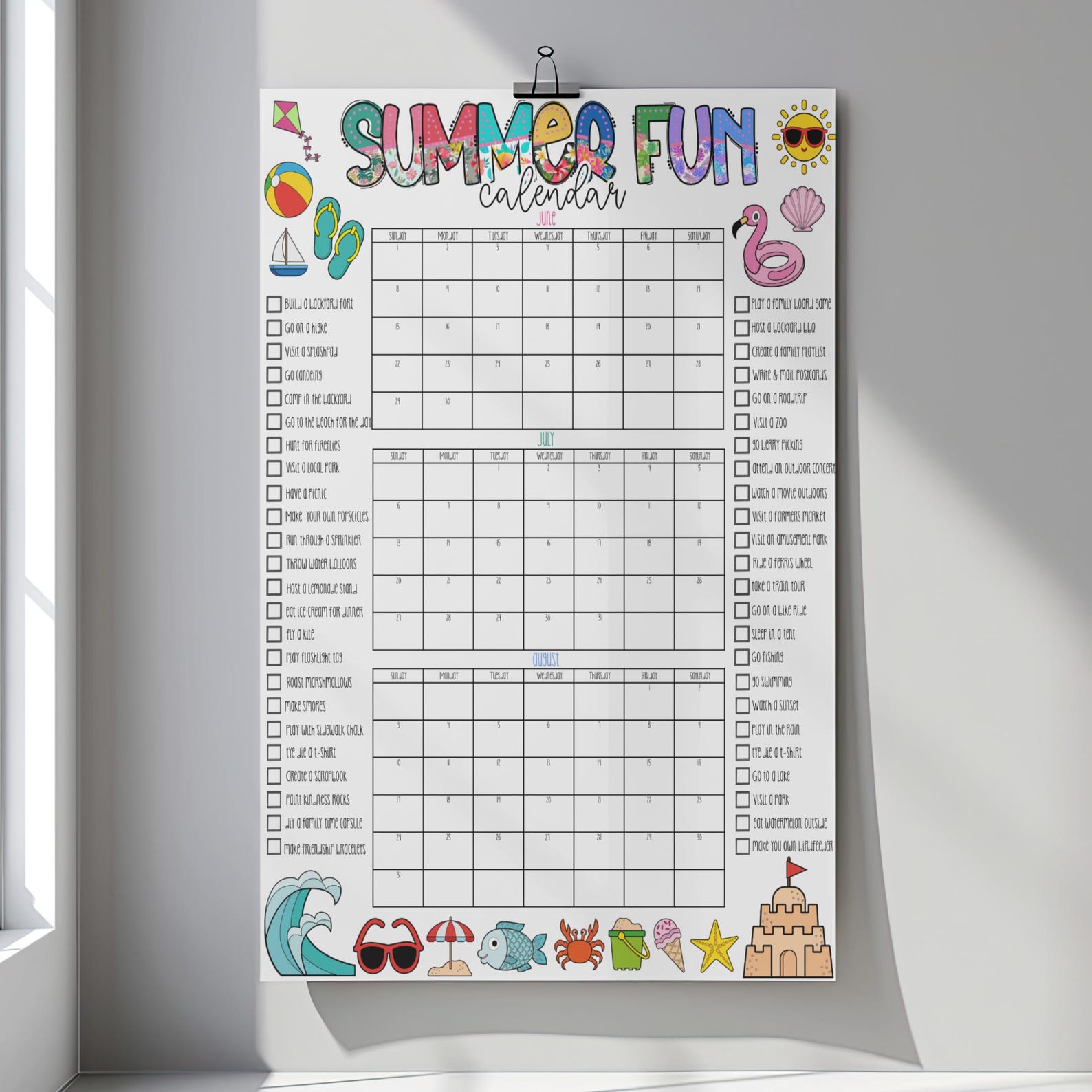 Summer Fun Calendar: Kids Bucket List, Editable in Canva (digital ...