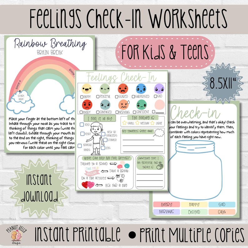 Feelings Check in Worksheet for Kids, Rainbow Breathing Chart, Coping ...