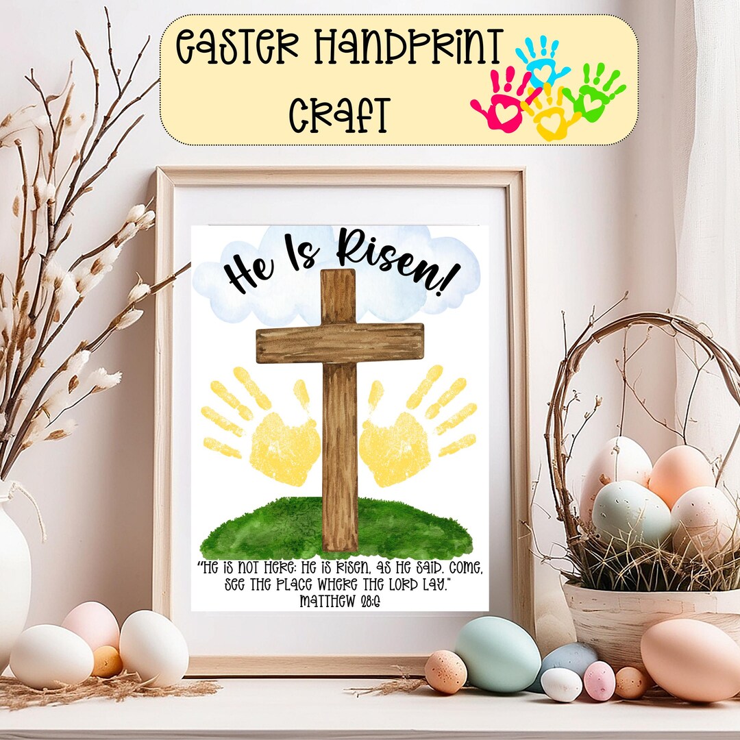 Christian Easter Handprint Craft Printable, He is Risen Cross Art, Kids ...