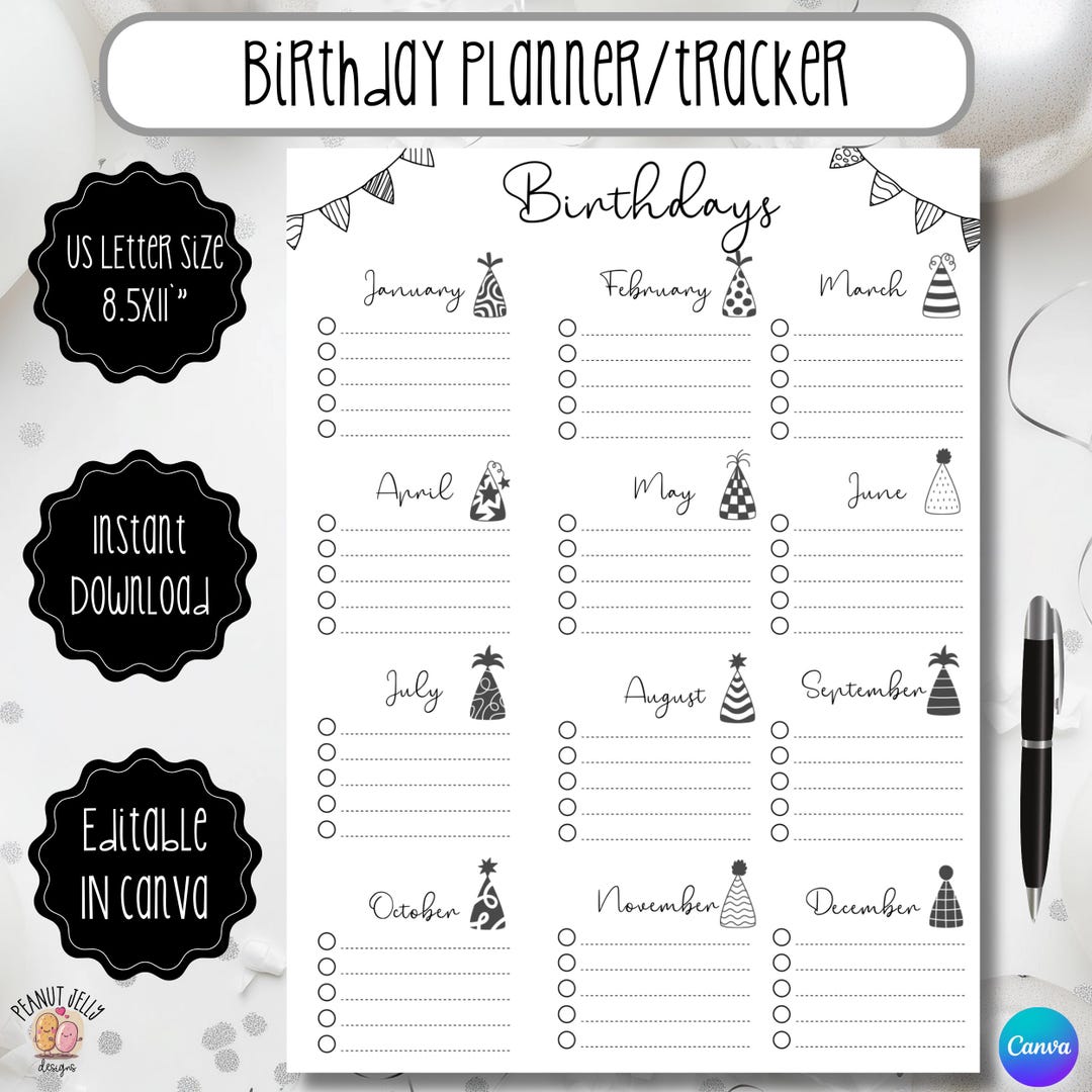 Birthday Tracker, Printable Birthday Planner, Simple Birthday Calendar ...