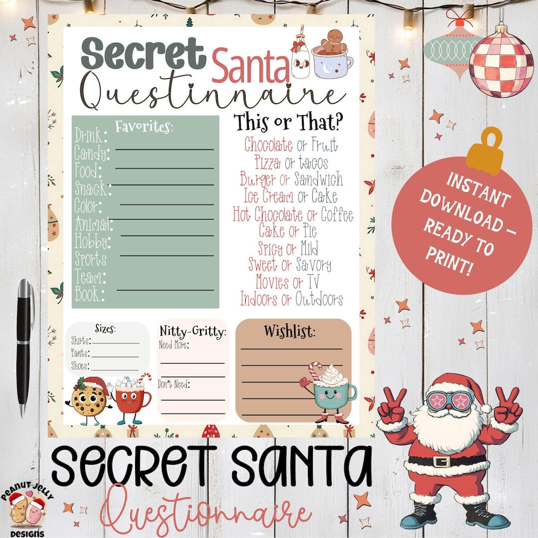 Secret Santa Questionnaire Printable Game, Holiday Gift Exchange, Fun ...