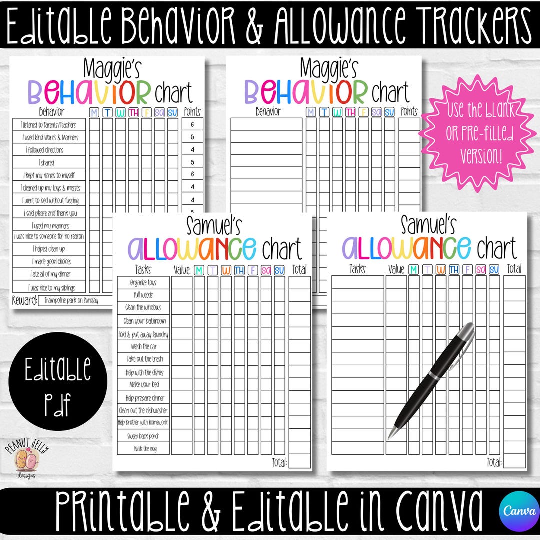 Behavior Reward Chart for Kids, Printable Behavior Tracker, Allowance ...