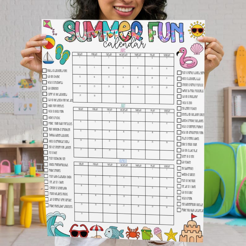 Summer Fun Calendar: Kids Bucket List, Editable in Canva (digital ...